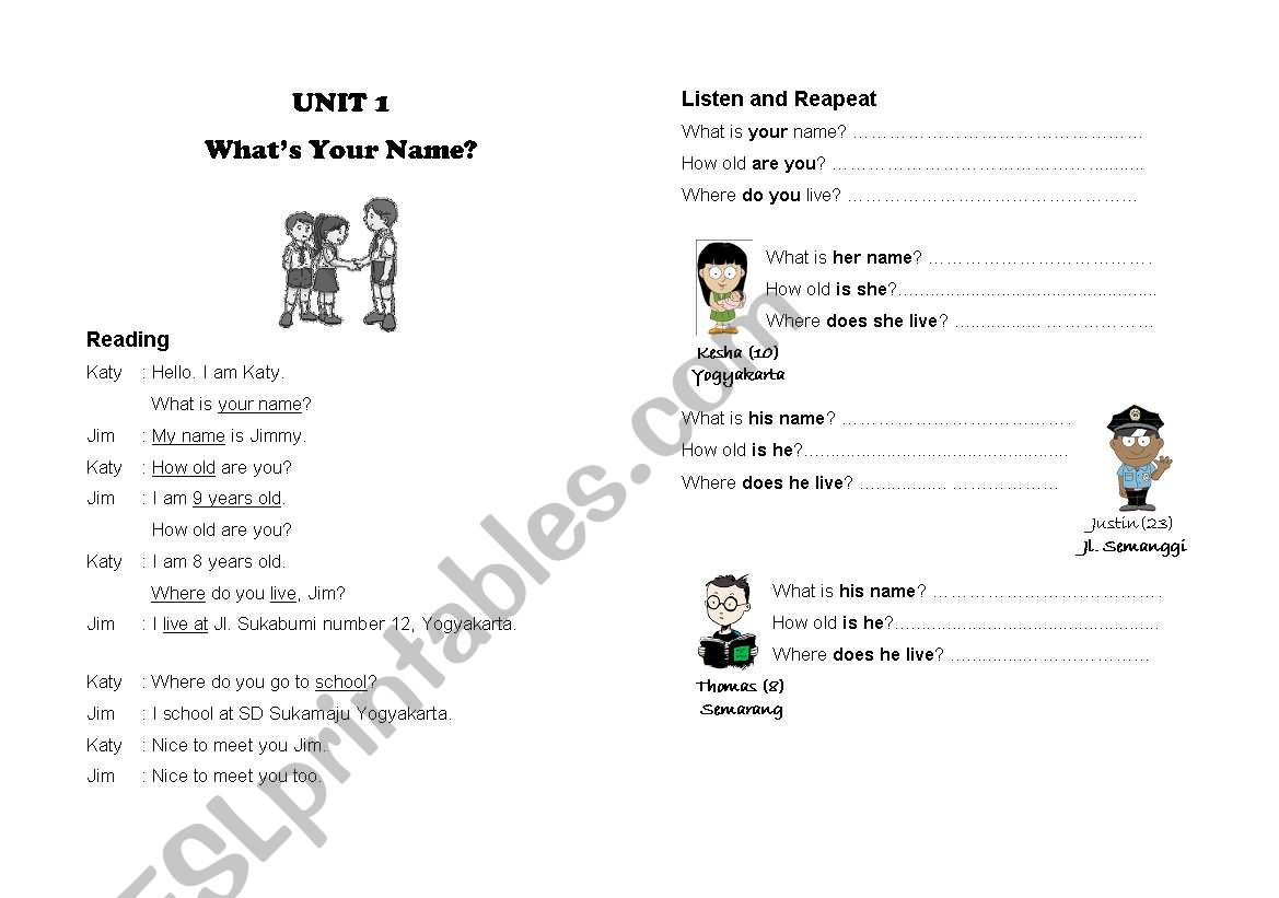 Unit 1 - WhatÂ´s your name - ESL worksheet by jaspergates