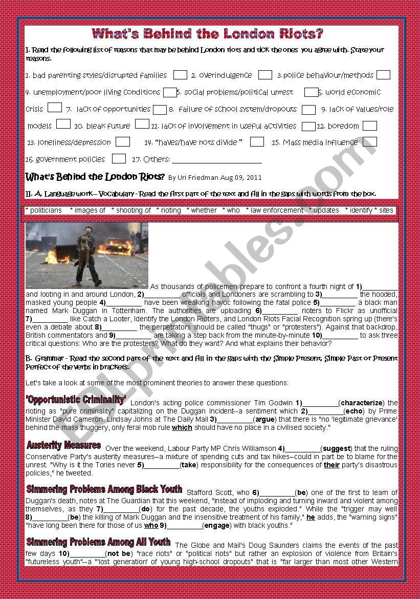 WHAT´S BEHIND THE LONDON RIOTS? - ESL worksheet by teresapr