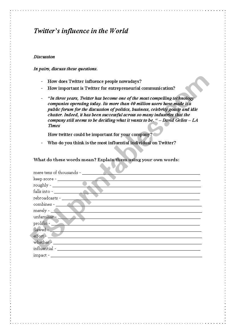 Twitter´s Influence in the World - ESL worksheet by english4all