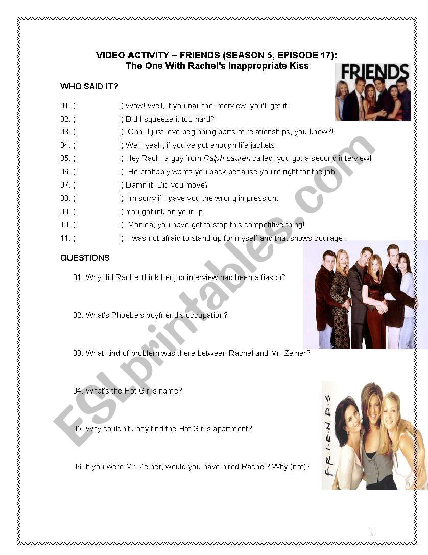 FRIENDS, THE ONE WITH RACHEL´S INAPPROPRIATE KISS (season 5, episode 17 ...
