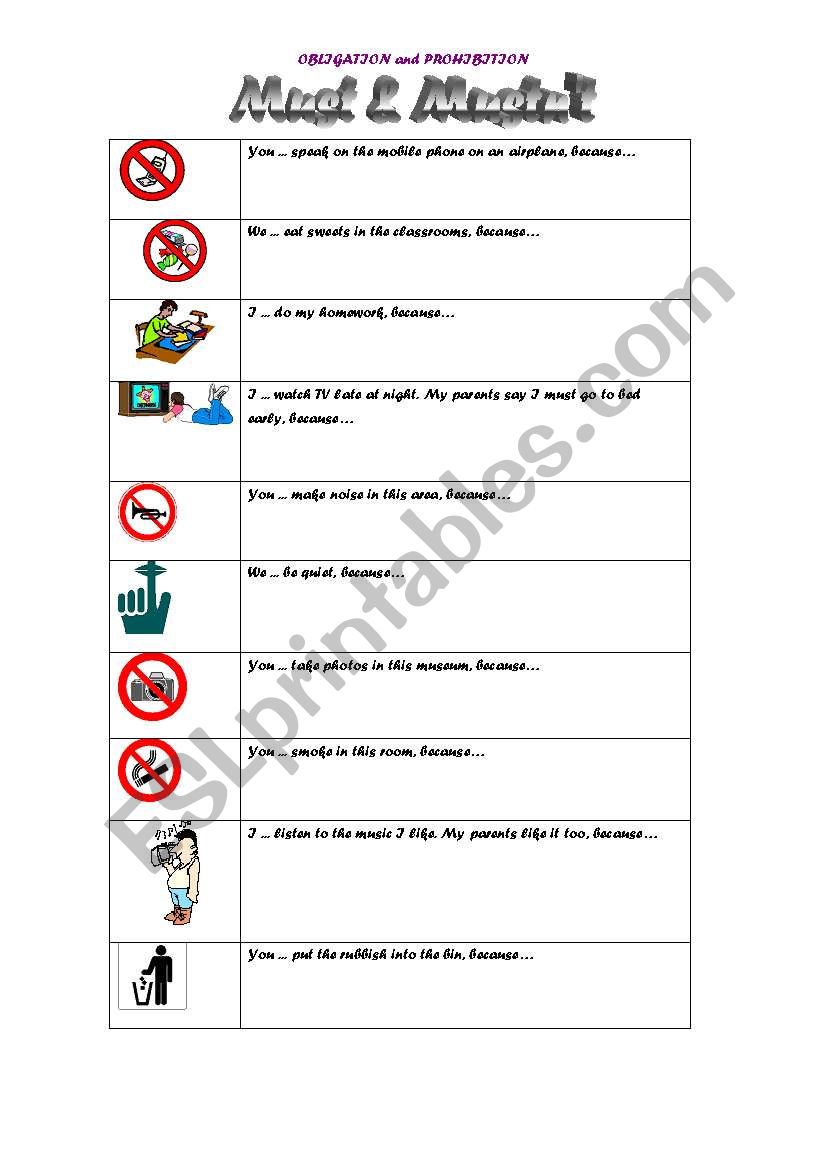 Must & Mustn´t Obligation and prohibition - ESL worksheet by elianneo