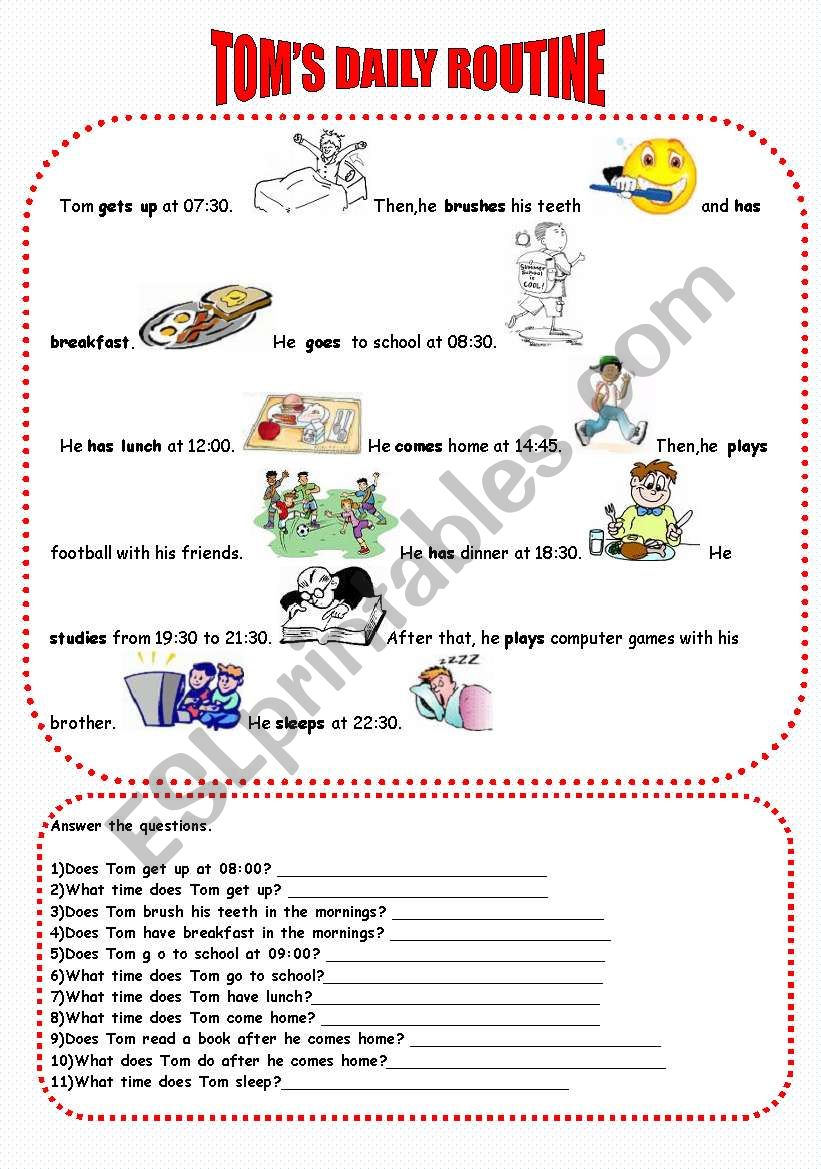 Tom´s daily routine - ESL worksheet by ebrutsn