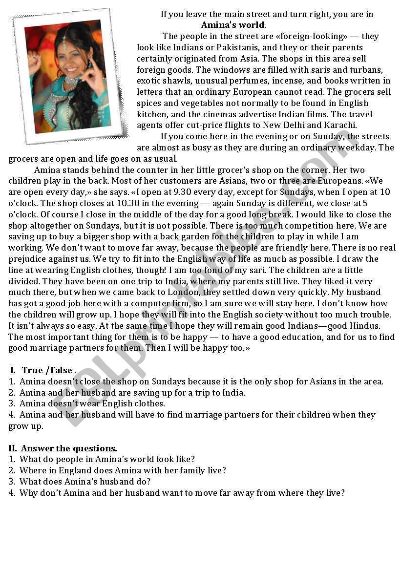 Amina´s world. - ESL worksheet by Mirik1008