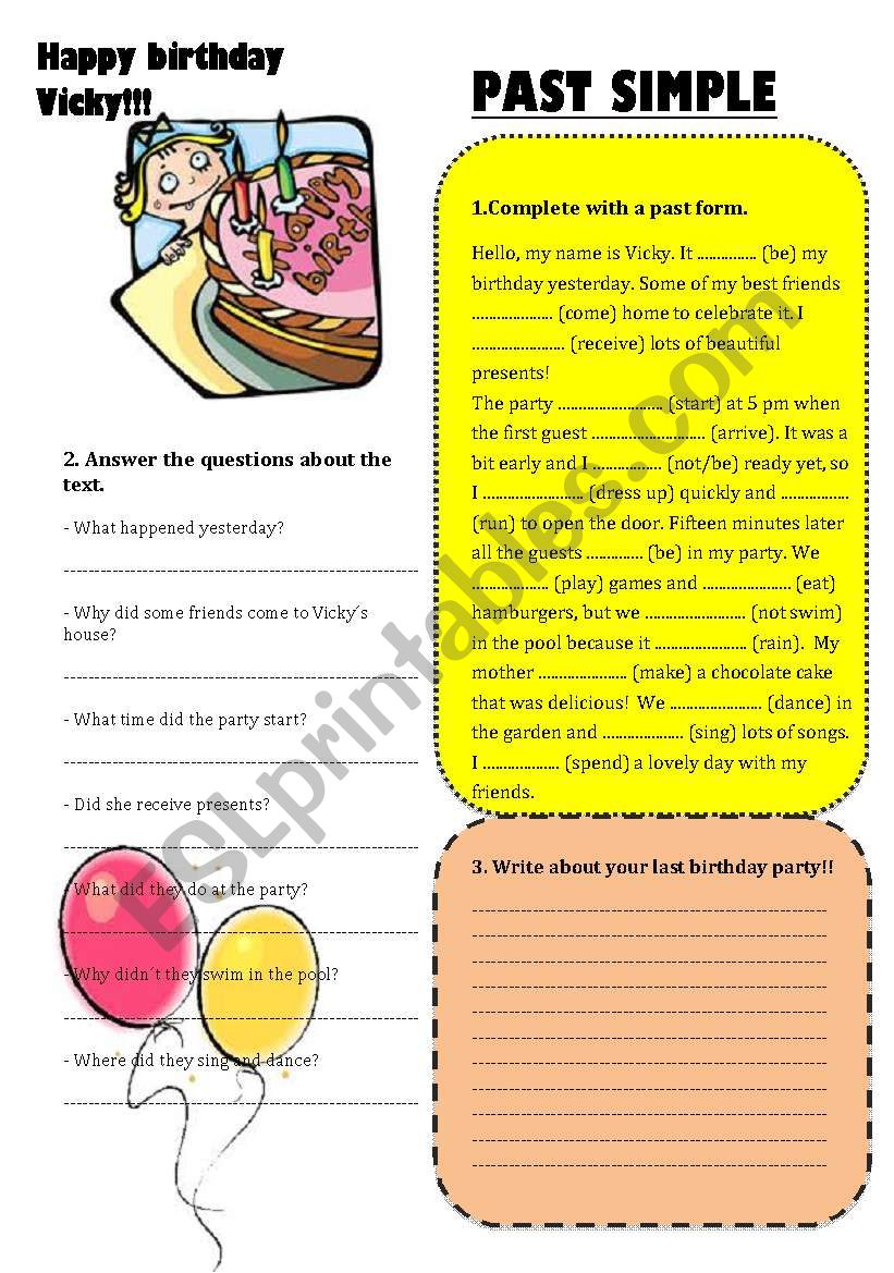 Vicky´s birthday. PAST SIMPLE activities! - ESL worksheet by misseleonora