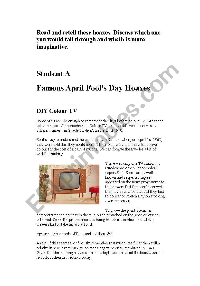 April Fools´Day Hoaxes - ESL worksheet by renca