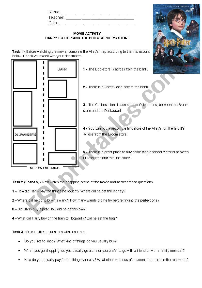 HARRY POTTER AND THE PHILOSOPHER´S STONE MOVIE ACTIVITY - ESL worksheet ...