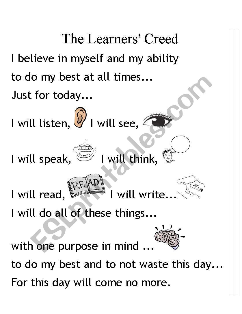 The Learner´s Creed - ESL worksheet by rebeccawestbrook