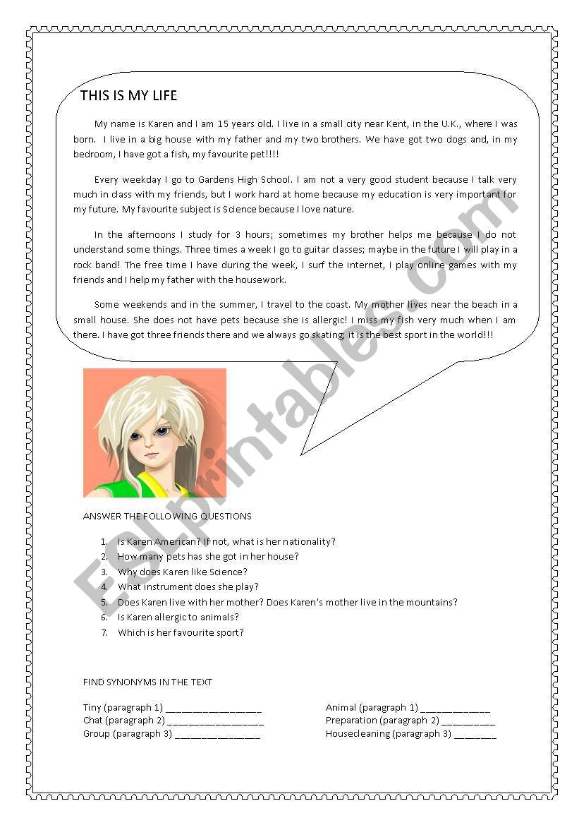 Karen´s life - ESL worksheet by nymm