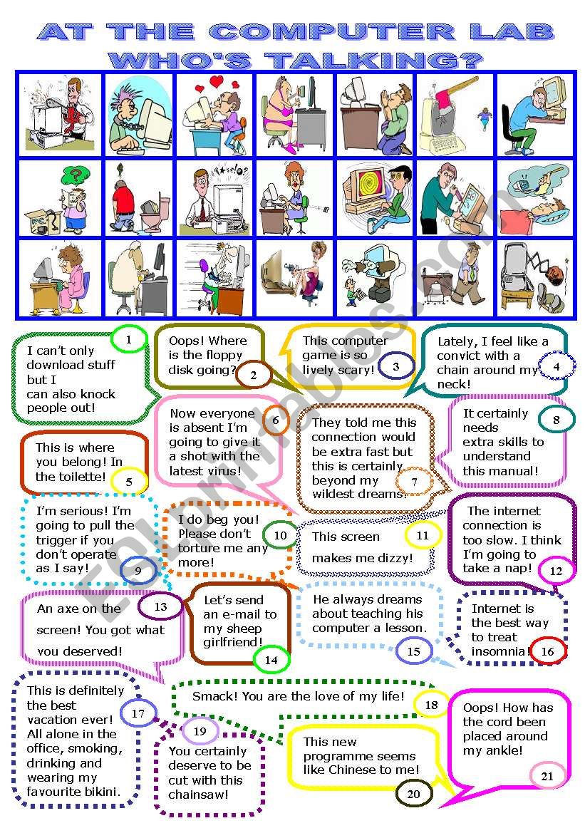 AT THE COMPUTER LAB.WHO´S TALKING/13 - ESL worksheet by Thessaloniki