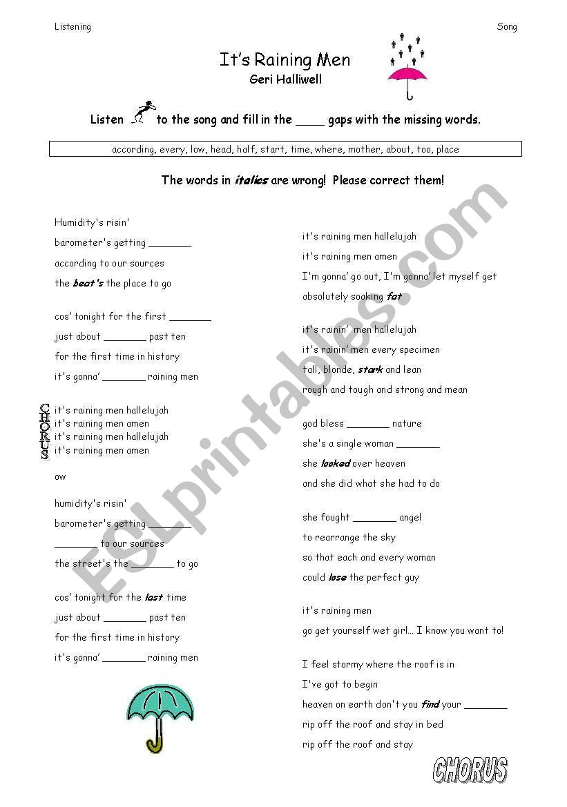 It´s Raining Men!! - ESL worksheet by Santa Fe