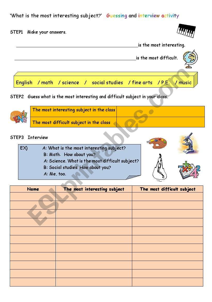 English worksheets: ´What is the most intersting subject?! Interview