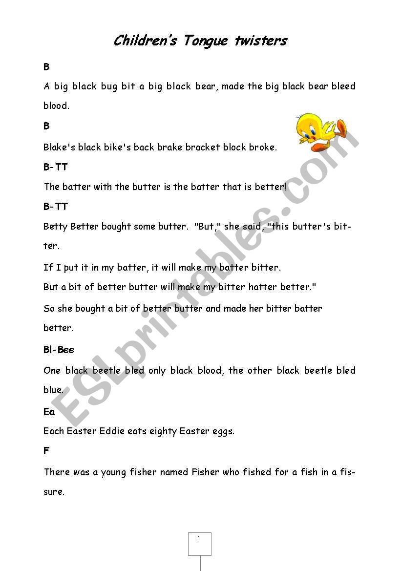 children´s tongue twisters - ESL worksheet by pipetochka