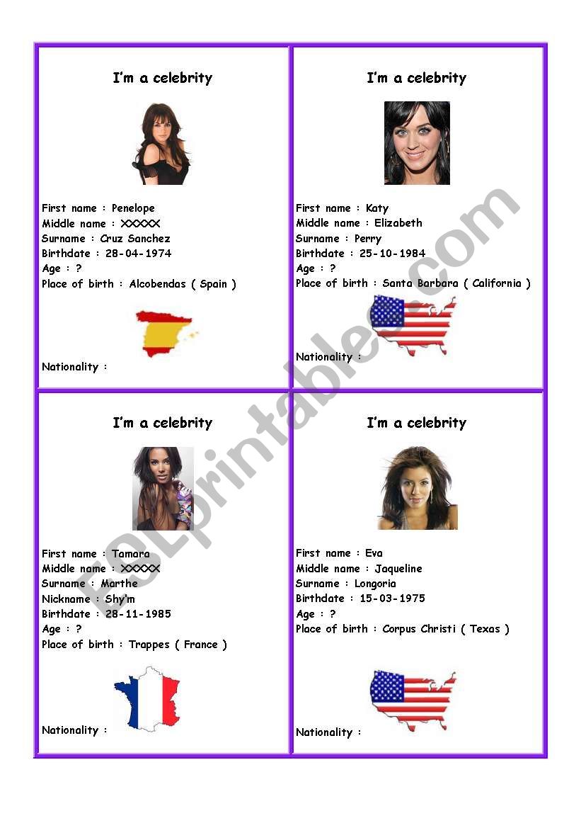 Speaking cards : I´m a celebrity ! - ESL worksheet by Lsa59