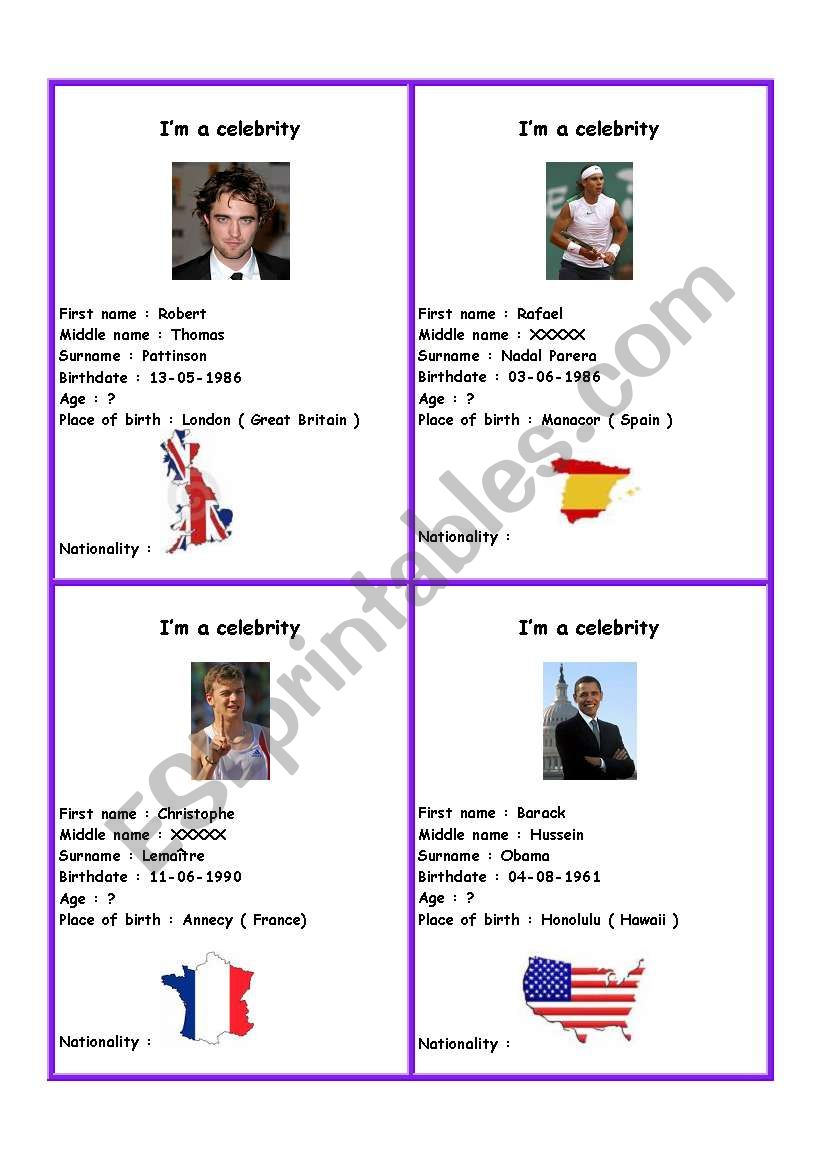 Speaking cards : I´m a celebrity ! - ESL worksheet by Lsa59