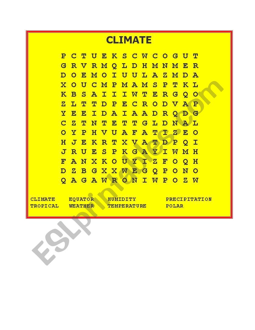 English Worksheets Climate Word Search