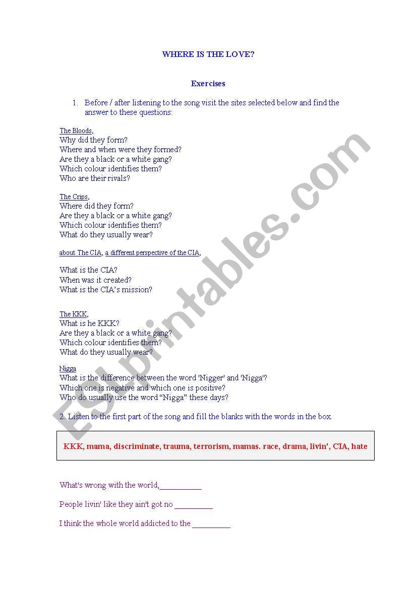 Song - Where´s the love? - ESL worksheet by Analab