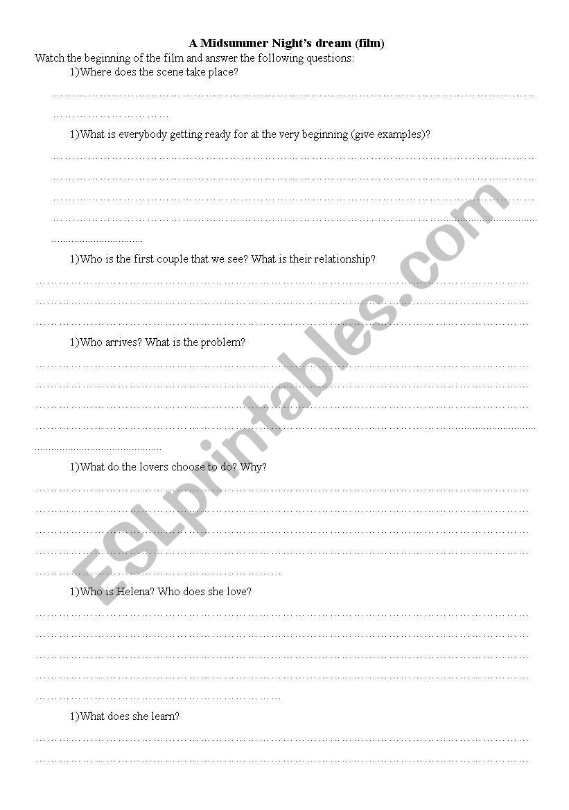 English worksheets: A Midsummer Night´s Dream (film first scene)