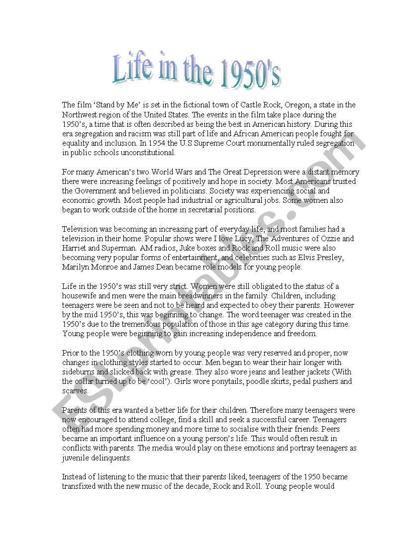 Life in the 1950´s - ESL worksheet by Rachel3977