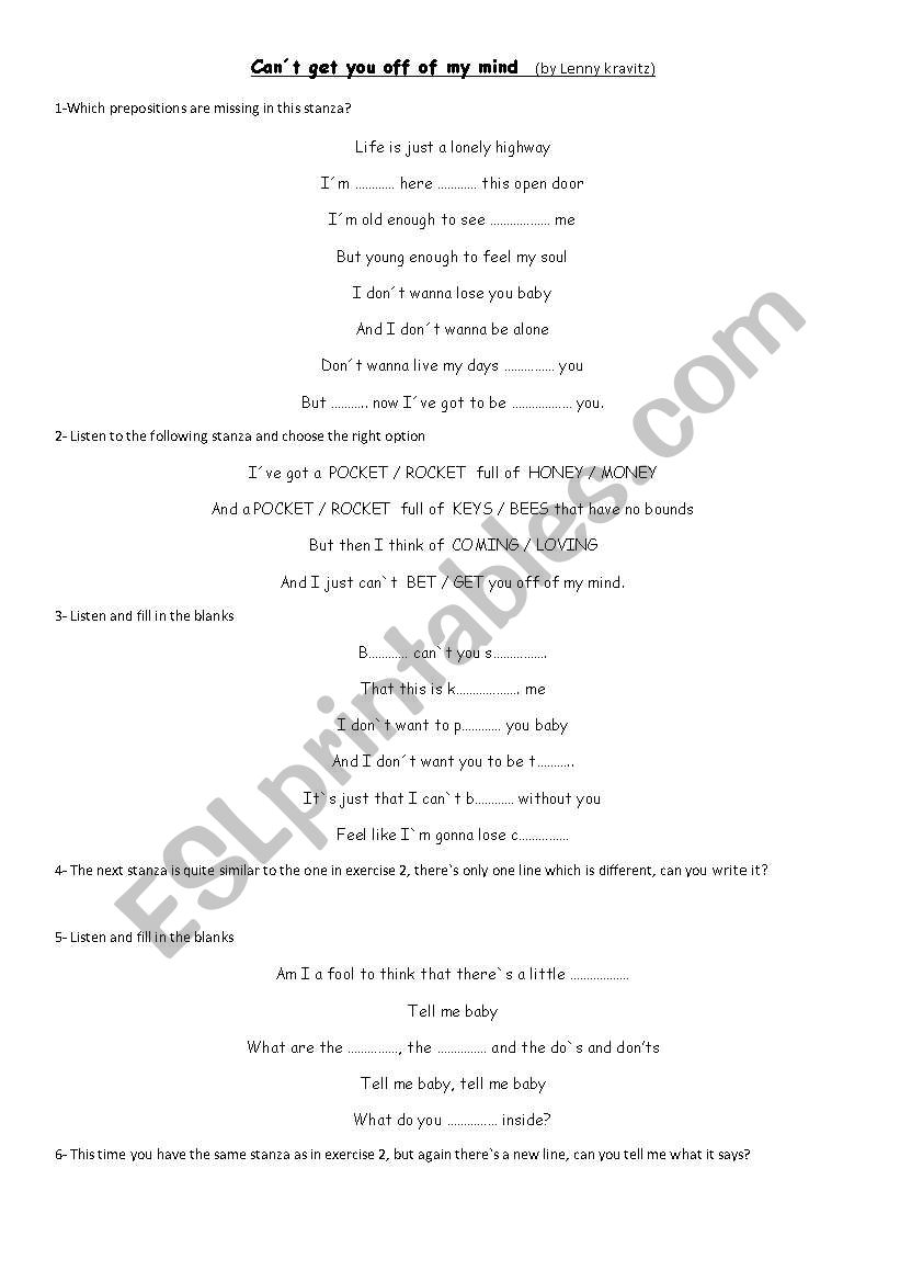 English worksheets: Can`t get you off of my mind