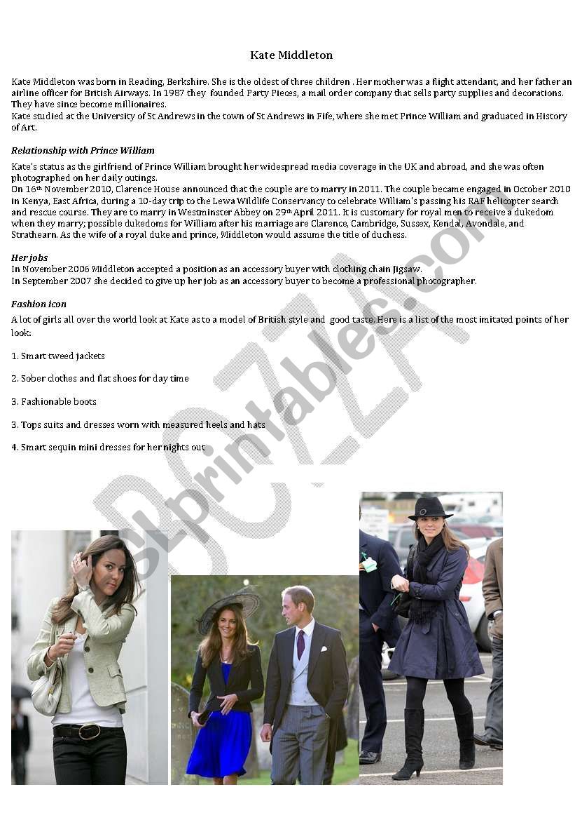 Prince William and Kate Middleton - ESL worksheet by rosie9191
