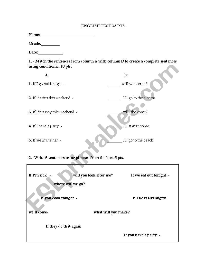English worksheets: 1º CONDITIONAL TEST