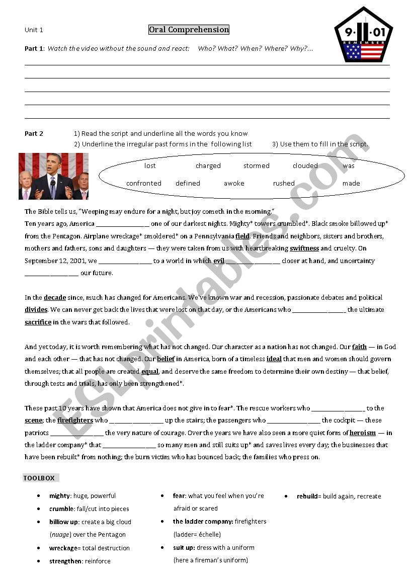 9 11 tenth anniversary Obama´s speech - ESL worksheet by christellerabejac