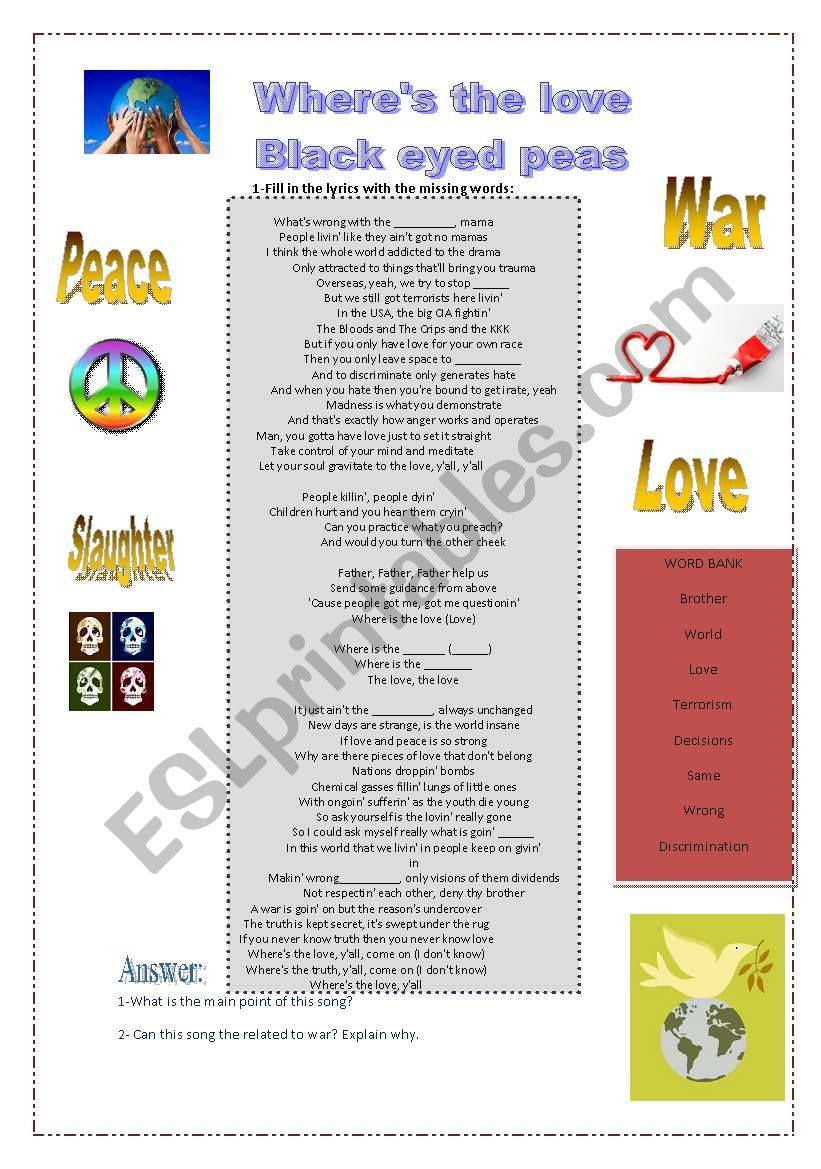 Where´s the love-Black eyed peas - ESL worksheet by ClaudiaEnglishteacher