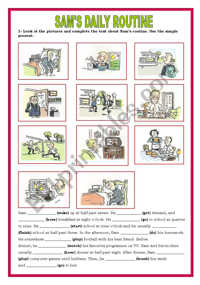SAMÂ´S DAILY ROUTINE - SIMPLE PRESENT TENSE - ESL worksheet by Rainbow.02