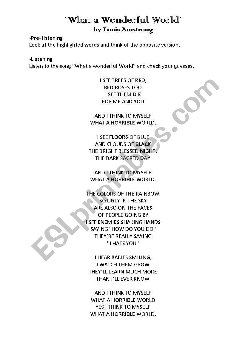 English worksheets: ´What a wonderful World´ song. Listening