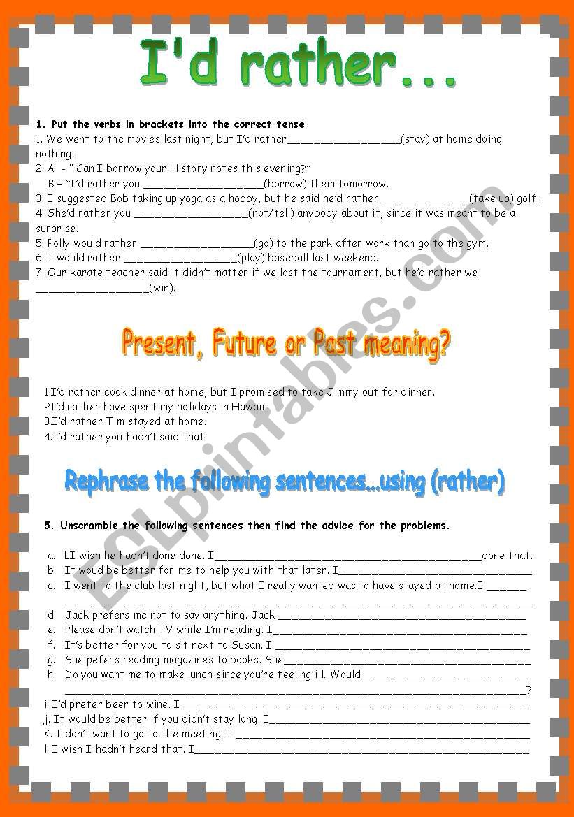 Expressing preferences with I´d rather (Upstream Unit 9) - ESL ...