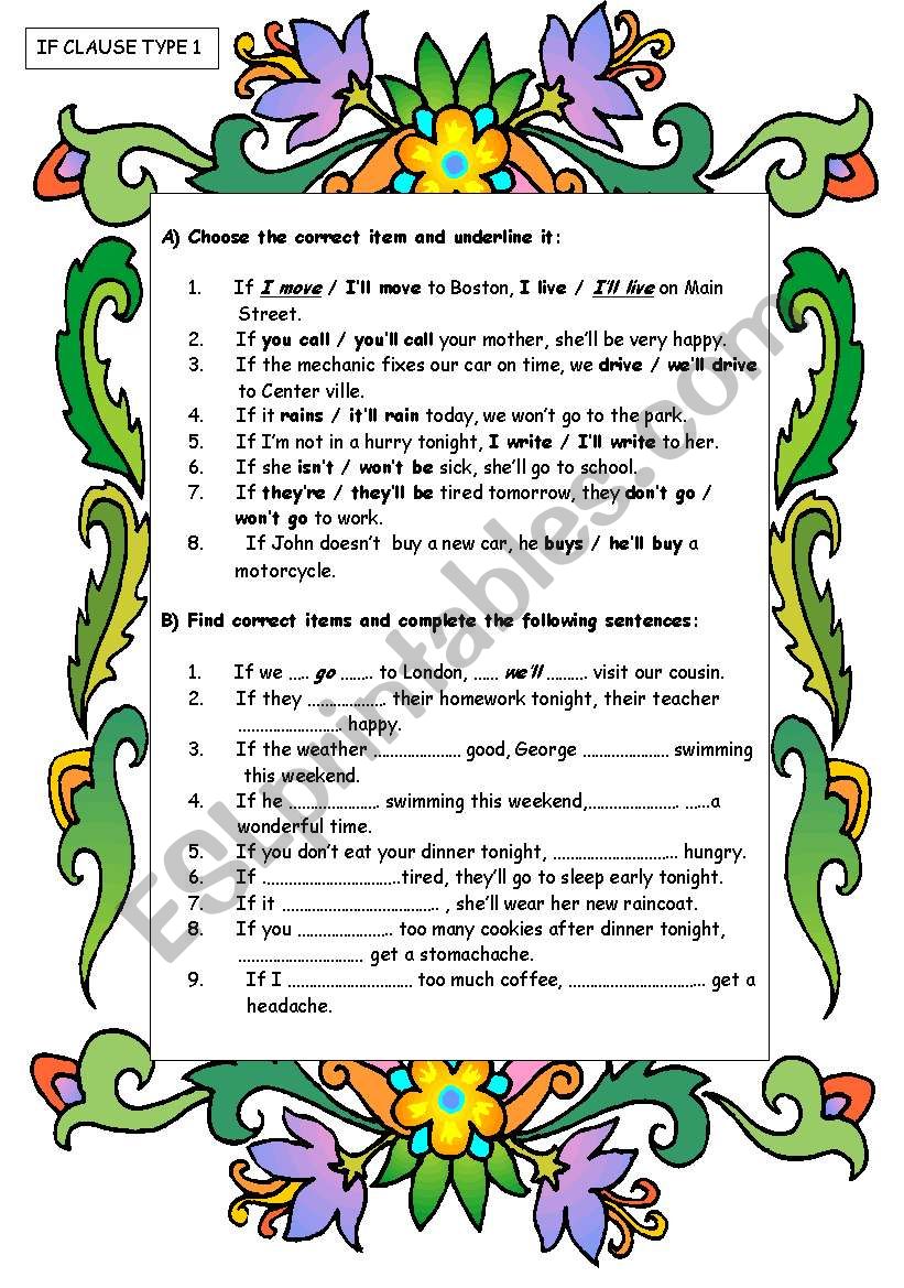 IF CLAUSE TYPE 1 - ESL worksheet by aysgl IF CLAUSE TYPE 1 - ESL worksheet by aysgl