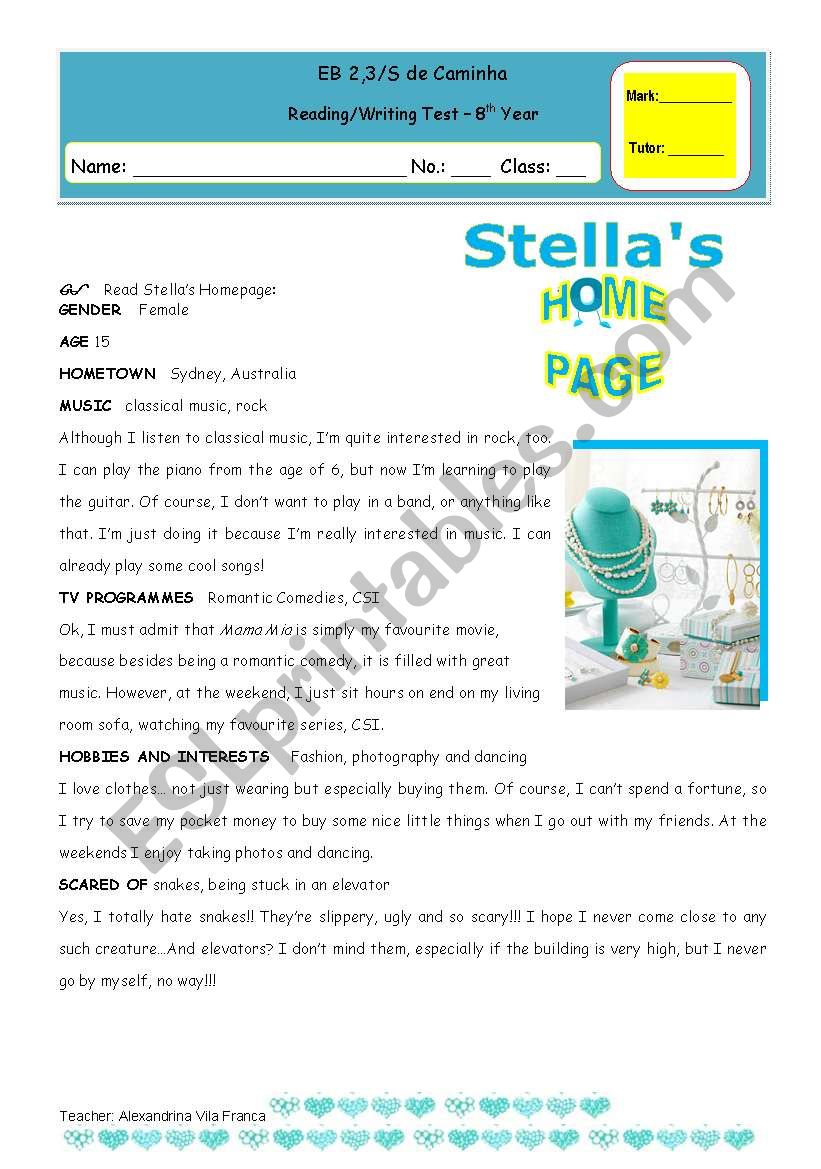 Test - Stella´s homepage - ESL worksheet by sandramaisa