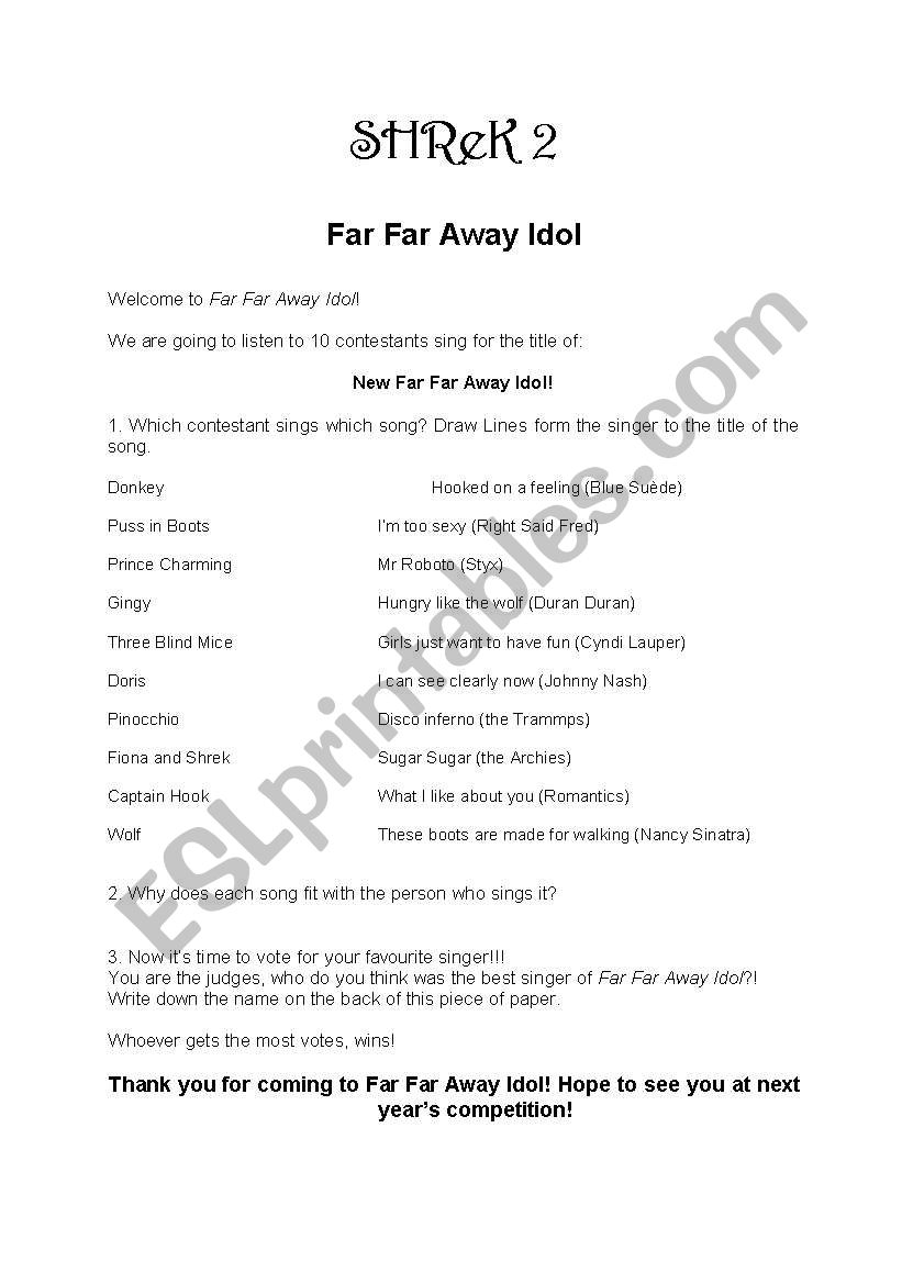 English worksheets: Shrek 2 ´Far Far Away Idol´ worksheet