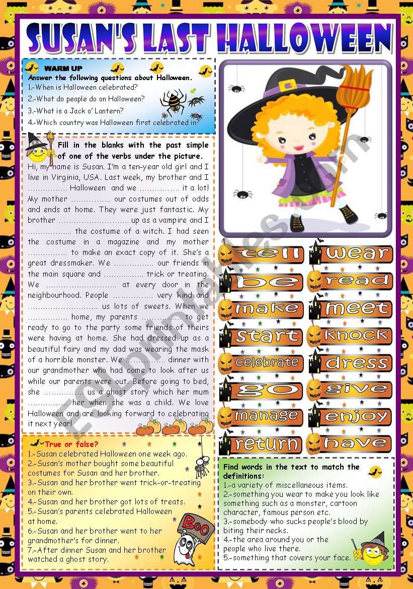 SusanÂ´s last Halloween-Past Simple (Key included) - ESL worksheet by ...