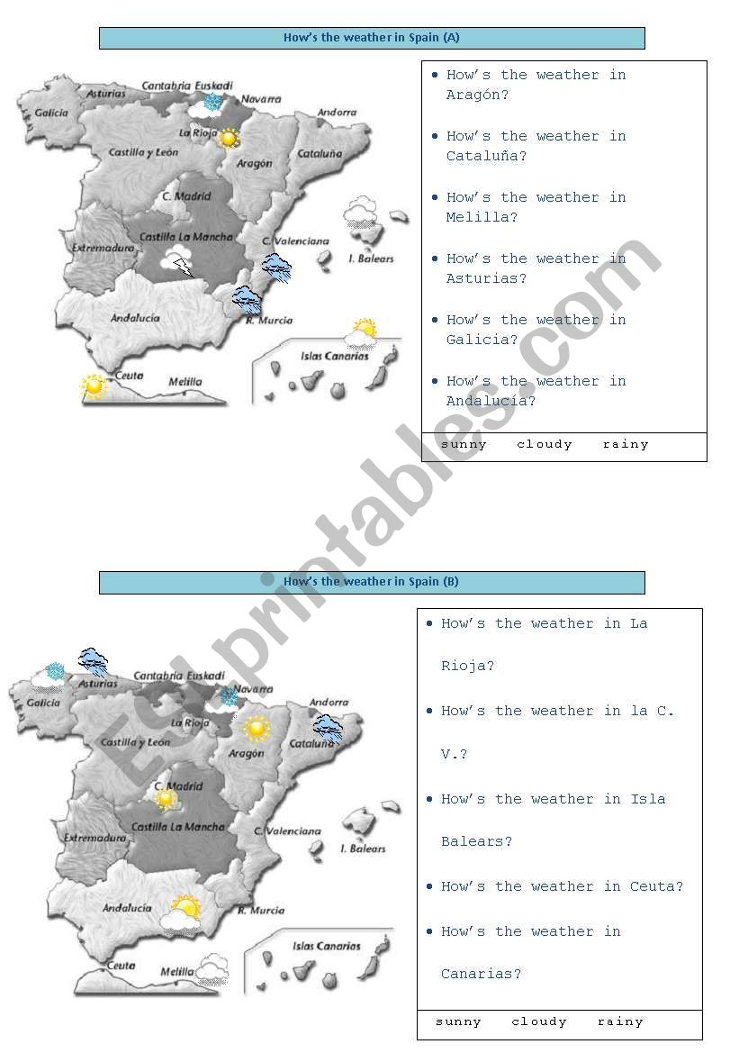 How´s the weather in Spain - Pairwork - ESL worksheet by Lippy_Madrid