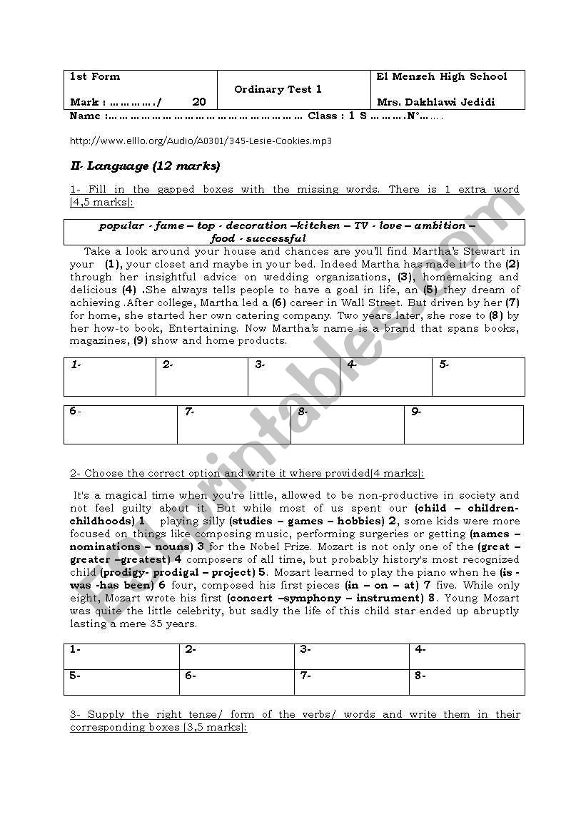 1st Form Ordinary Test N °1 - ESL worksheet by jedzed