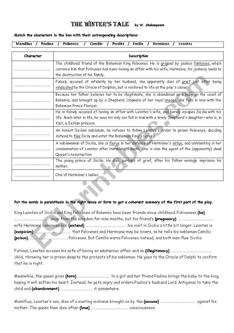The Winter´s Tale characters and a short summary - ESL worksheet by ...