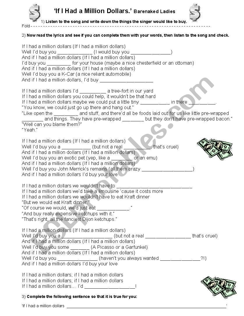 Second Conditional song worksheet ´If I had a million dollars ...