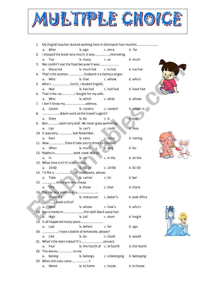 Multiple Choice A2 ESL Worksheet By Nataliaalmoines