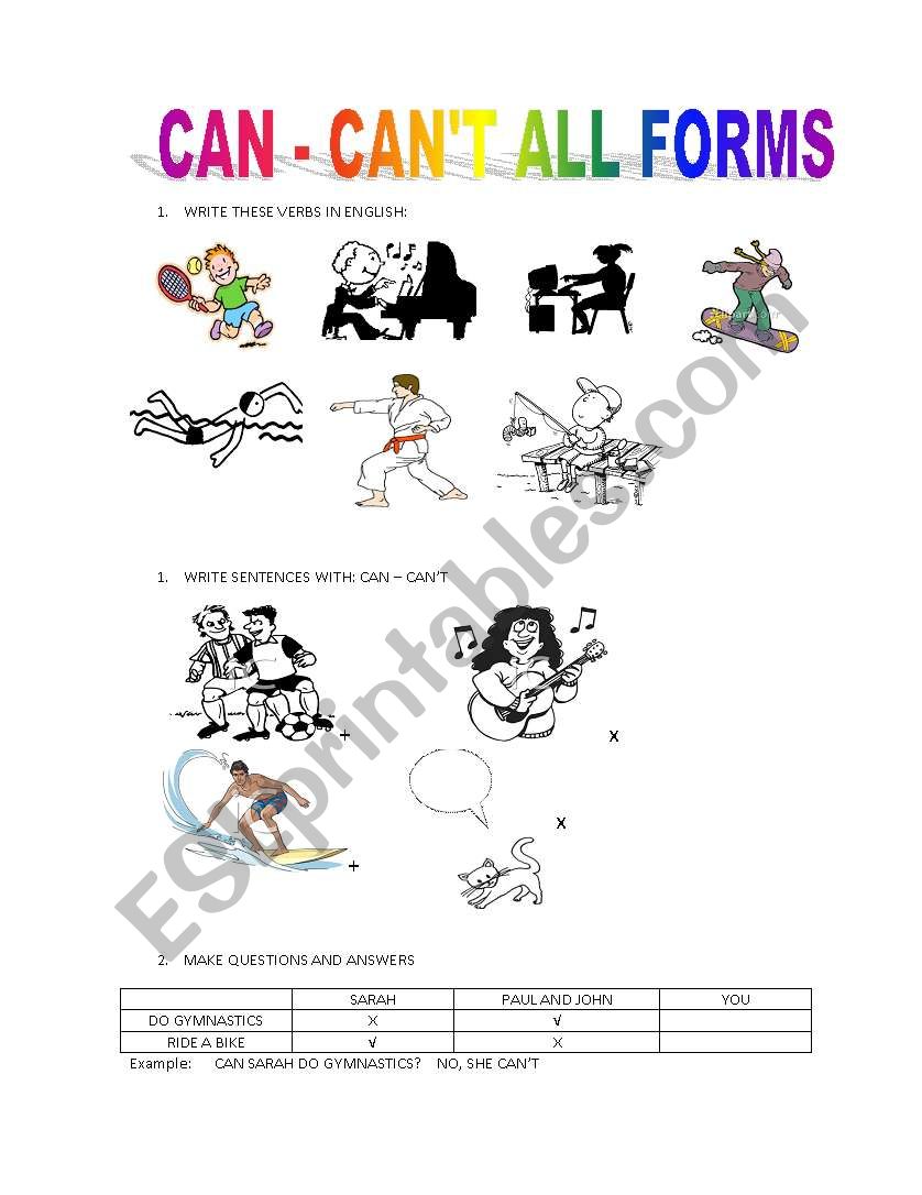 English worksheets: CAN - CAN´T ALL FORMS