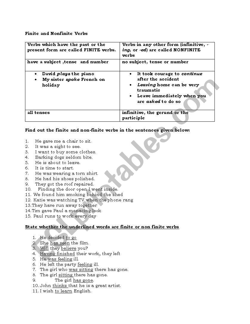 Finite And Non Finite Verbs ESL Worksheet By Dipars