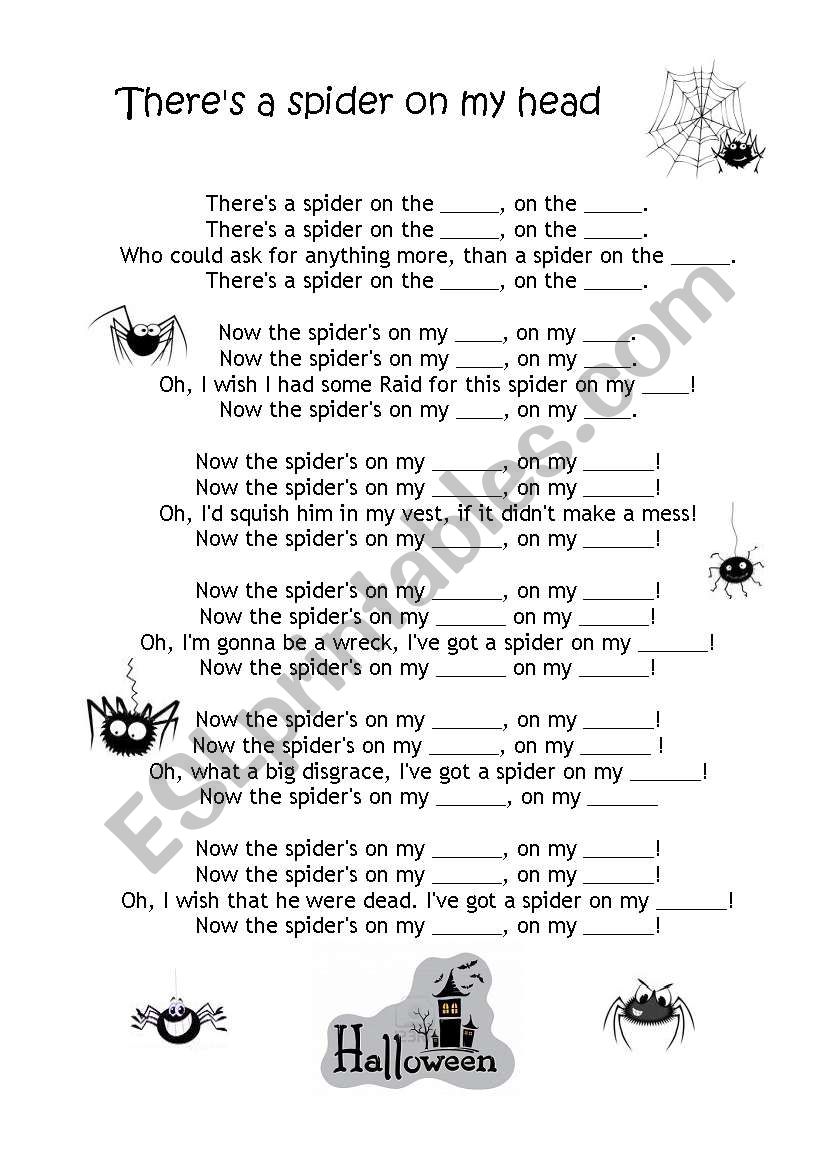 Halloween song: There´s a spider on my head! - ESL worksheet by categórica