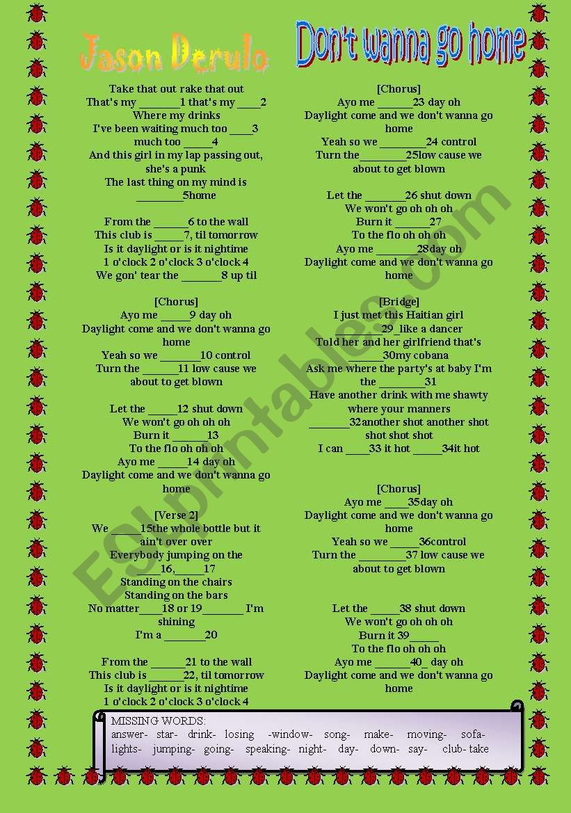 JASON DERULO SONG- don´t wanna go home - ESL worksheet by blancamendez