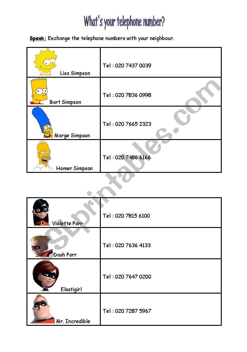 What´s your telephone number? - ESL worksheet by pucemimi