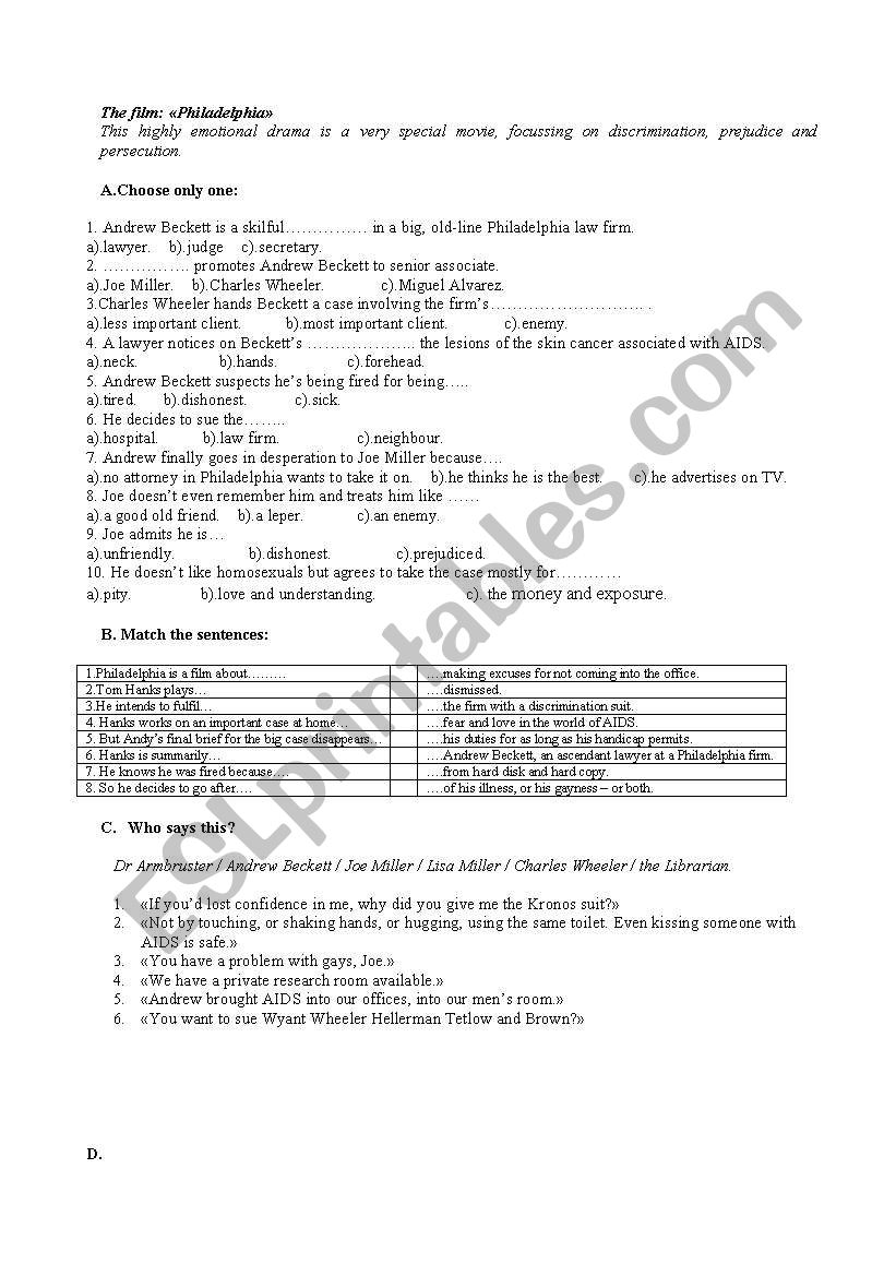worksheet about the film «Philadelphia» - ESL worksheet by maamendonca