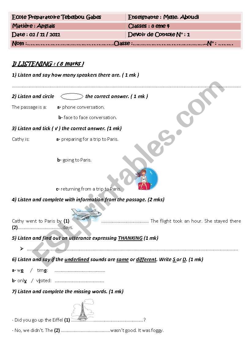mid term test n°1 ( 8th form / tunisia) - ESL worksheet by hanen aboudi