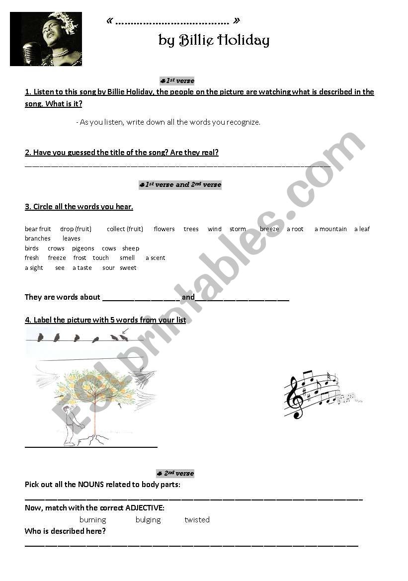 ´Strange Fruit´ by BIllie Holliday - ESL worksheet by mariebichereau