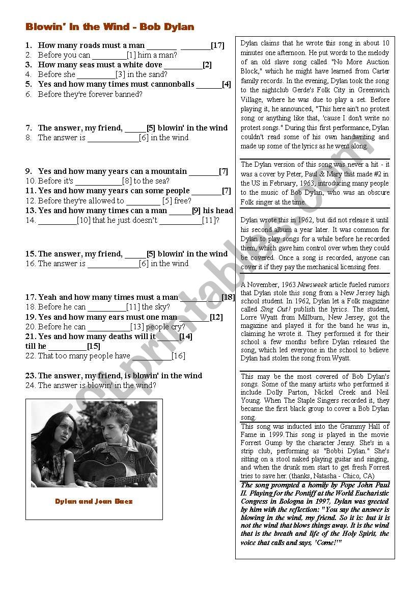 Blowin´ in the wind - Bob Dylan - ESL worksheet by Andre Stanley