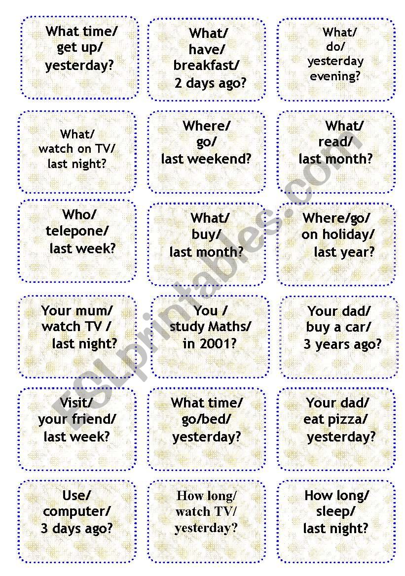 Past Simple Making Questions Speaking Cards ESL Worksheet By Bea228
