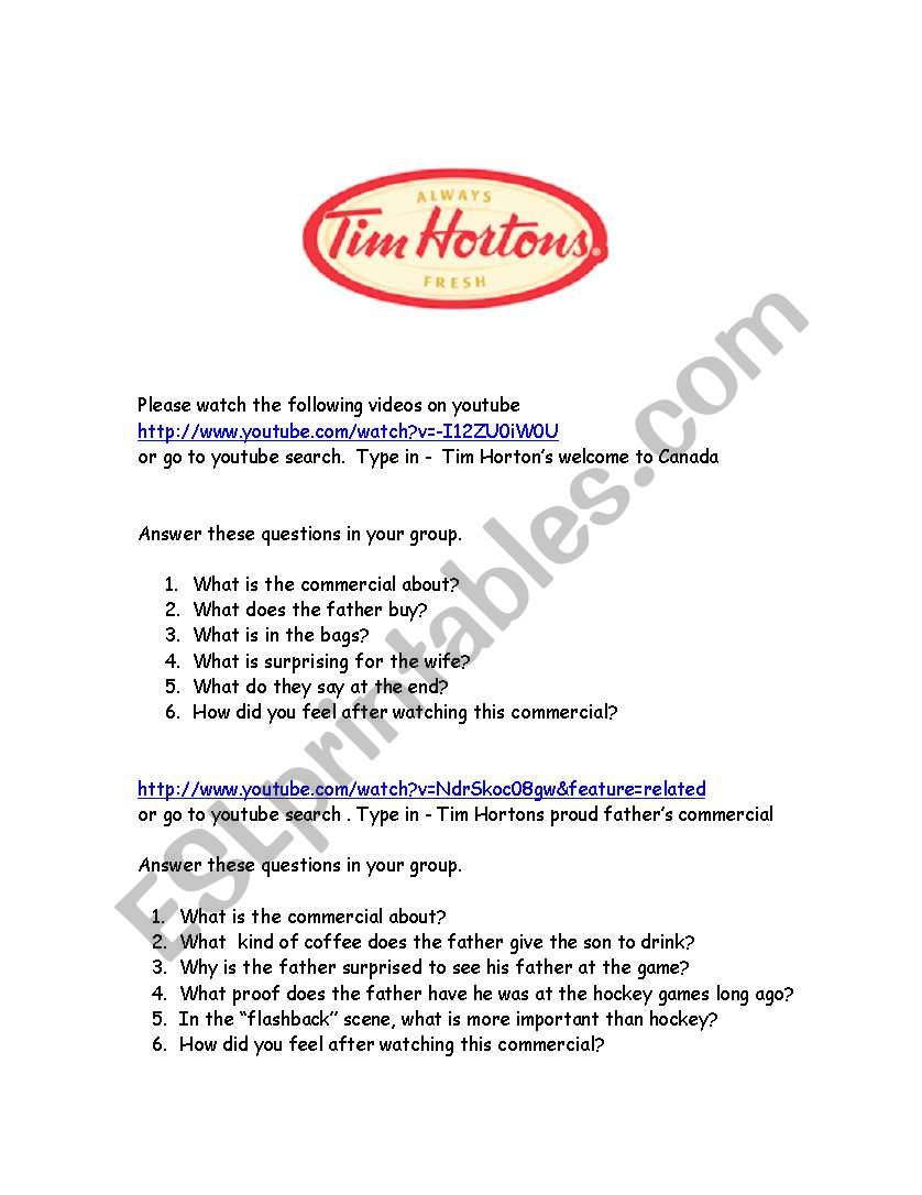 English worksheets: Tim Horton´S in Canada